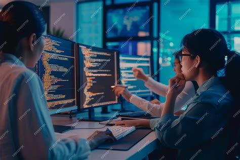 Group Of Asian People Software Developers Using Computer To Write Code Sitting At Desk With