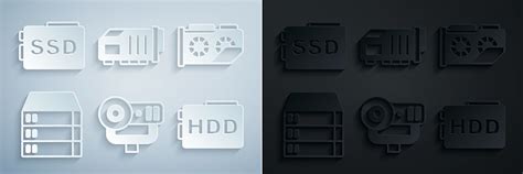 웹 카메라 비디오 그래픽 카드 서버 데이터 호스팅 하드 디스크 드라이브 Hdd 및 Ssd 아이콘을 설정합니다 벡터 3차원 형태에 대한 스톡 벡터 아트 및 기타 이미지