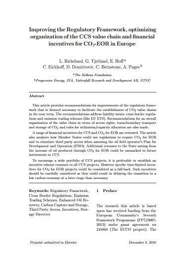 Improving The Regulatory Framework Optimizing Organization Of The Ccs Value Chain And ﬁnancial