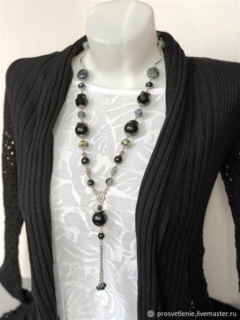 Украшение на шею бусы длинные черные из натуральных камней бохо в интернет магазине Ярмарка