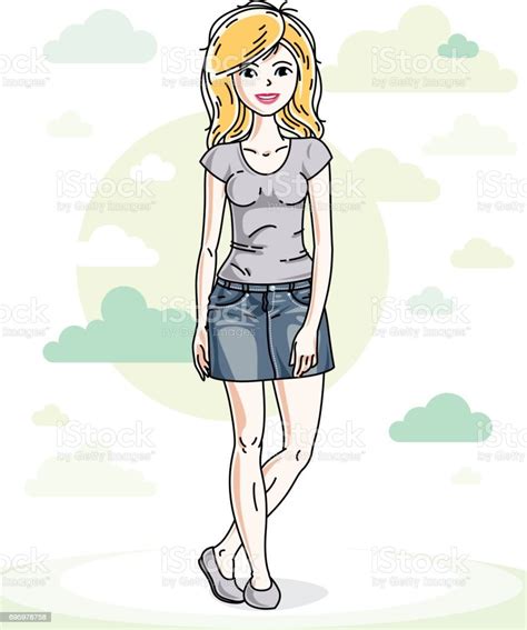 행복 한 젊은 금발의 여자와 파란 하늘 구름 배경에 포즈와 세련 된 캐주얼 옷을 입고 벡터 매력적인 여성 그림입니다 라이프