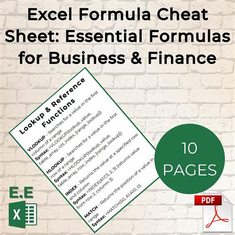 Excel Formula Cheat Sheet Essential Formulas For Business And Finance Etsy