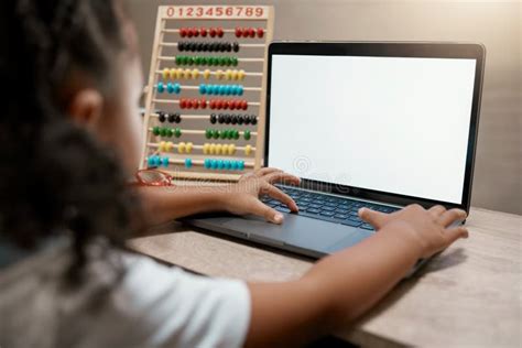Laptop Elearning And Girl In Homeschool Math Class With Green Screen Or Mockup Online Classroom