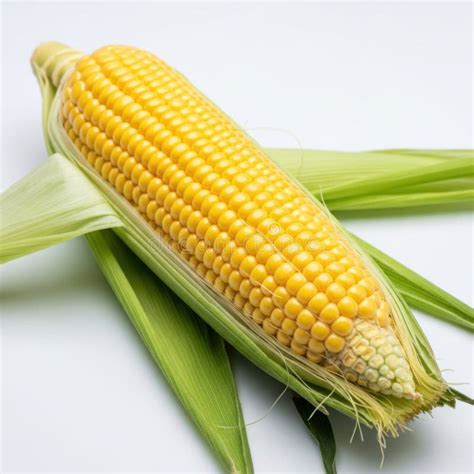 Fresh Yellow Corn Cob With Green Husks On White Background Stock