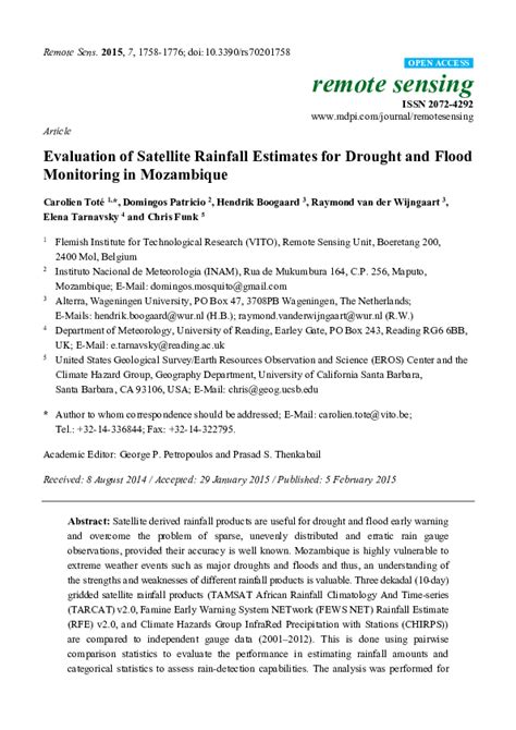 Pdf Evaluation Of Satellite Rainfall Estimates For Drought And Flood Monitoring In Mozambique