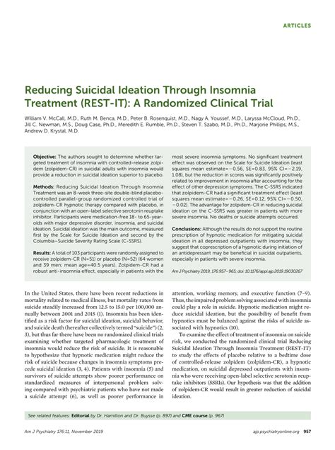 Pdf Reducing Suicidal Ideation Through Insomnia Treatment Rest It A Randomized Clinical Trial