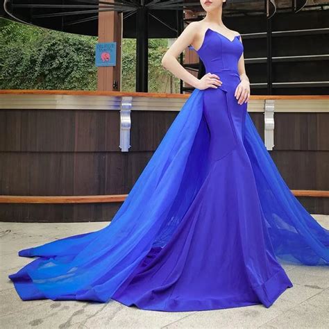 Simple Strapless Royal Blue Mermaid Prom Dress With Tulle Skirt Fd2408