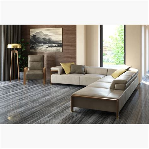 베이지 코너 소파와 노란색 쿠션이 있는 거실 3d 모델 다운로드 Furniture Set On