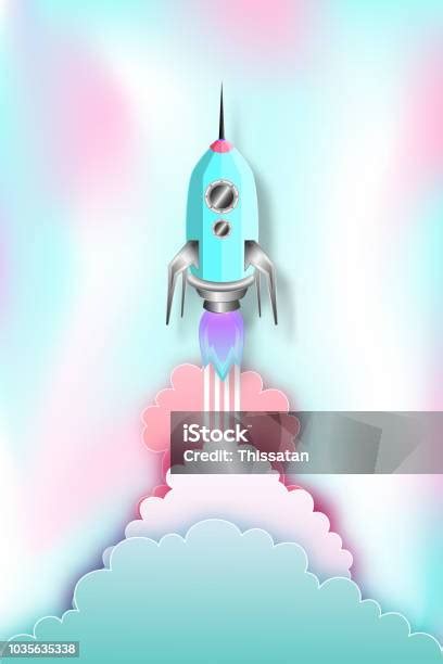 로켓 발사 사업 시작 종이 예술과 공예 스타일 개념으로 파스텔 아름 다운 배경에 벡터 일러스트 레이 션 개념에 대한 스톡 벡터 아트 및 기타 이미지 Istock