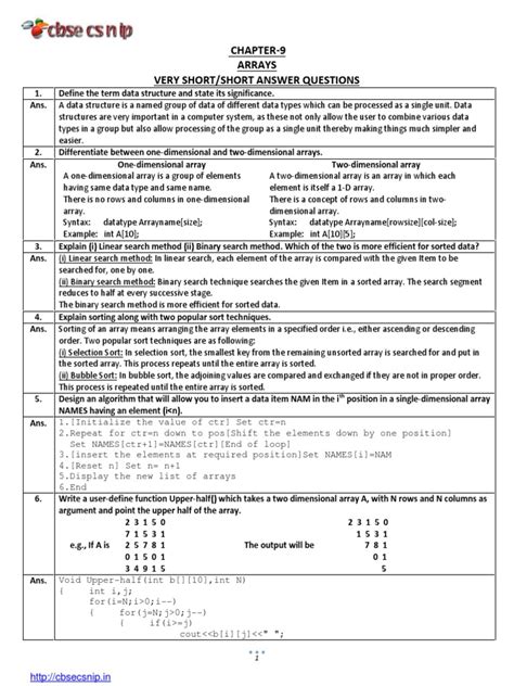 C Arrays Chapter 9 Class Xii Pdf Array Data Structure Matrix