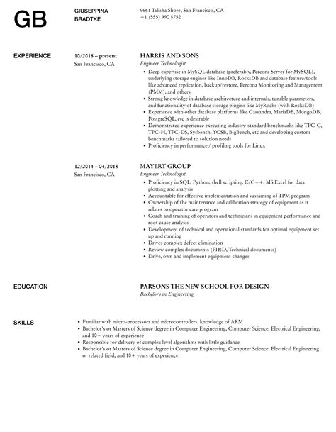 Engineer Technologist Resume Samples Velvet Jobs