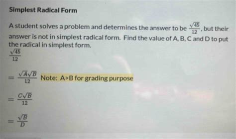 Solved Simplest Radical Form A Student Solves A Problem And Determines