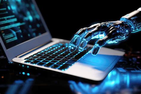 A Hand Of A Robot Typing On A Laptop Chatbot Robotic Futuristic Artificial Intelligence Concept