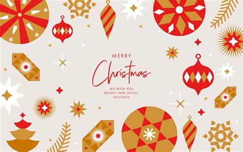 메리 크리스마스와 새해 복 많이 받으세요 인사말 카드 포스터 휴일 표지 빨간색 금색 및 흰색 색상의 기하학적 패턴으로 현대적인 크리스마스 디자인 크리스마스 트리 공 별