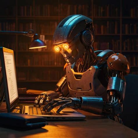 Cyborg Robot Is Typing On Laptop Keyboard Concept Of Future Of