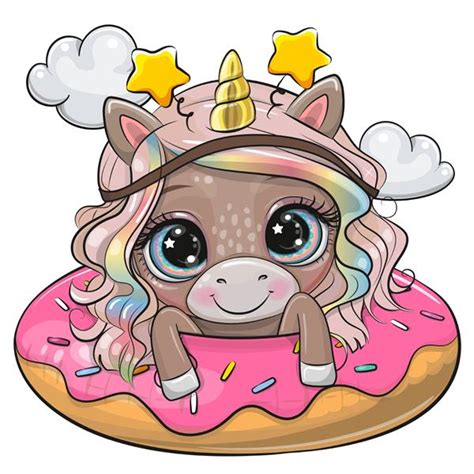 دختر تکشاخ کارتونی زیبا که روی دونات حلقه ای استخر شنا می کند 1689865