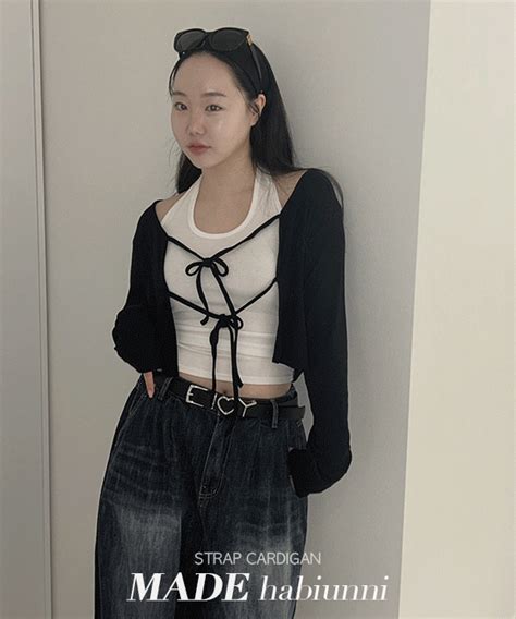하비언니 Made 11797 크롭 리본 스트랩 루즈핏 긴팔 가디건 베이지블랙 2color