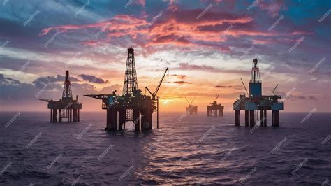 Premium Photo Panoramic Shot Of Oil Rigs At Sea With A Beautiful Sunset