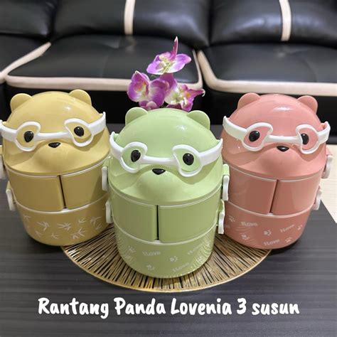 Jual Lovenia Rantang Panda Sekat 3 Susun Bonus Sendok Makan Plastik