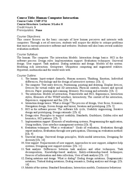 Course Title Human Computer Interaction Course Code Cmp 3711 Course