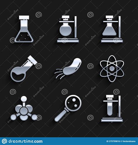 Set Bacteria Microorganisms Under Magnifier Test Tube Flask On Stand Atom Chemical And Icon