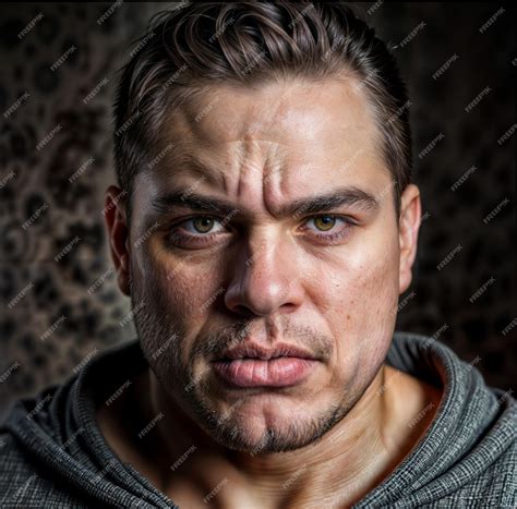 A Close Up Of A Man S Face With A Serious Look On His Face Premium Ai