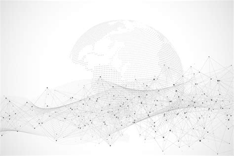 글로벌 비즈니스 인터넷 T의 글로벌 네트워크 연결 세계 지도 포인트 및 라인 구성 개념 프리미엄 벡터