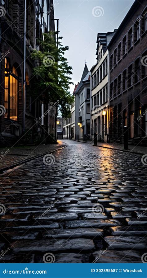 Ai Generated Illustration Of A Cobblestone Street With A Wet And Reflective Surface Stock Image