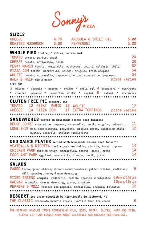 Food Menu — Sonnys Pizza