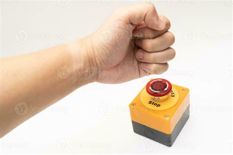 Stop Button And The Hand Of Worker About To Press It Emergency Stop Button Big Red Emergency