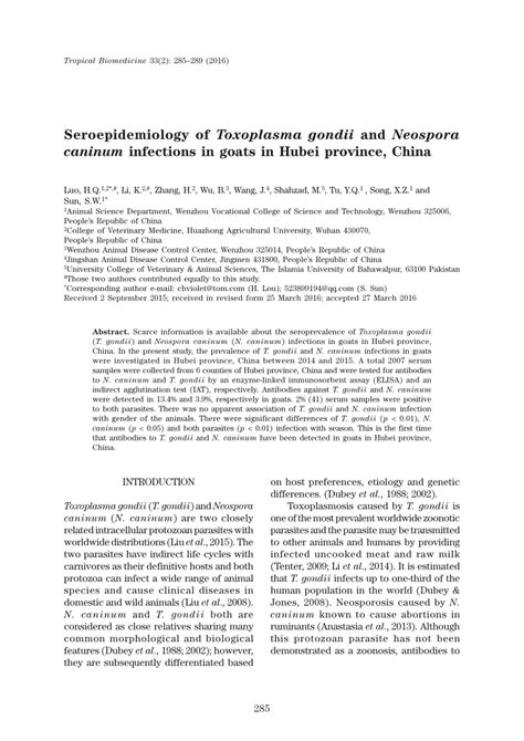 Pdf Seroepidemiology Of Toxoplasma Gondii And Neospora Caninum Infections In Goats In Hubei
