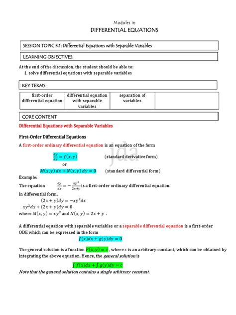 Mthn31e Topic 31 Differential Equations With Separable Variables
