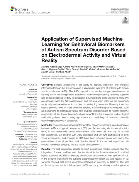 Pdf Application Of Supervised Machine Learning For Behavioral Biomarkers Of Autism Spectrum