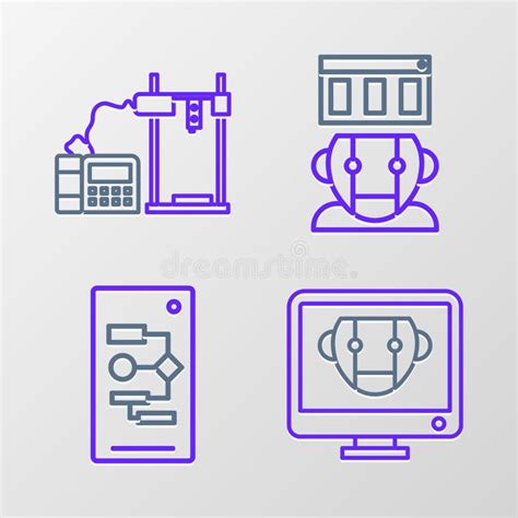 Set Line Bot Algorithm Robot And 3d Printer Icon Vector Stock Vector