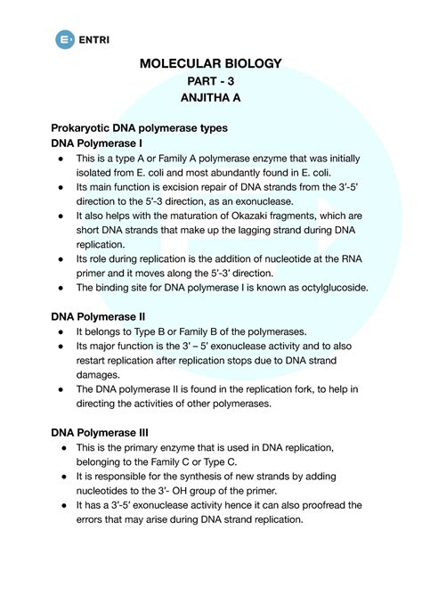 Types Of DNA Polymerases MOLECULAR BIOLOGY PART ANJITHA A Prokaryotic DNA Polymerase Types