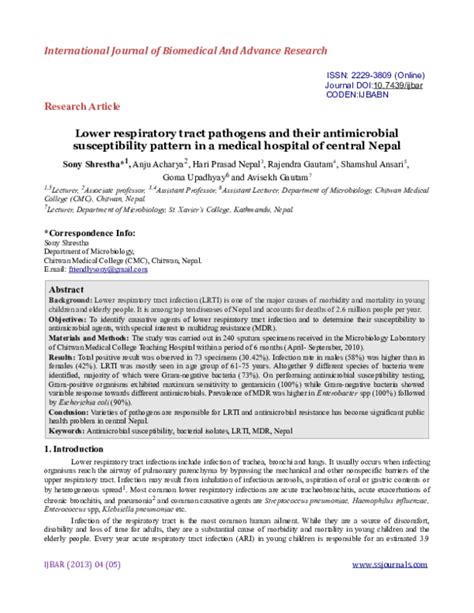 Pdf Lower Respiratory Tract Pathogens And Their Antimicrobial Susceptibility Pattern In A