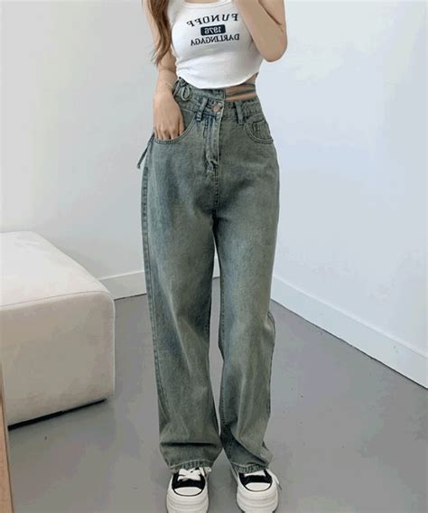 허리잘록끈 S XL 피에이 빈티지워싱 스트랩 데님팬츠 에이블리