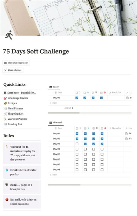 75 Days Soft Challenge Notion Template Aesthetic Digital Planner