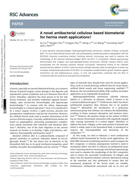 Pdf A Novel Antibacterial Cellulose Based Biomaterial For Hernia Mesh Applications