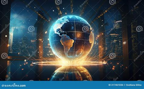 Detailed Digital Globe In Cyberspace Presenting Real Time Internet Traffic With Glowing Lines