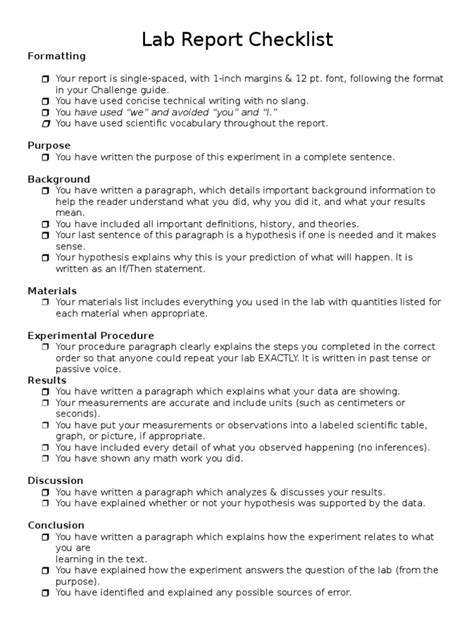 Lab Report Checklist Formatting Pdf Experiment Observation Lab Report Checklist Formatting Pdf Experiment Observation