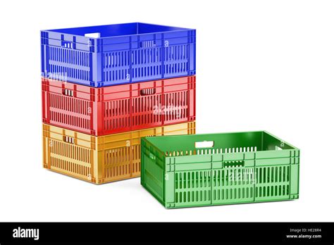 Colored Plastic Crates 3d Rendering Isolated On White Background Stock