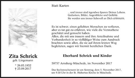 Traueranzeigen Von Zita Schrick Trauer In Nrw De