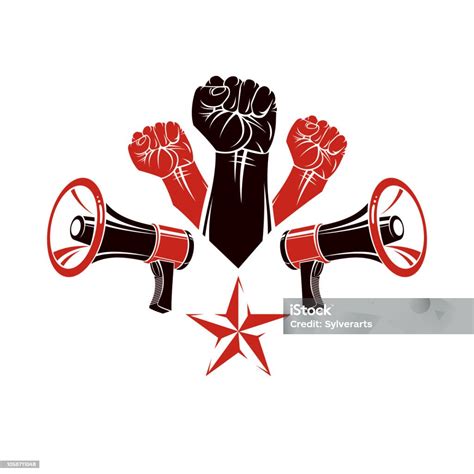 올려진된 쥔된 주먹 벡터 일러스트 스피커 장비와 구성 공공 정보 캠페인 격려 하거나 사람들 행동의 명확한 형태를 낙담 하기 위한 것 Liberation에 대한 스톡 벡터
