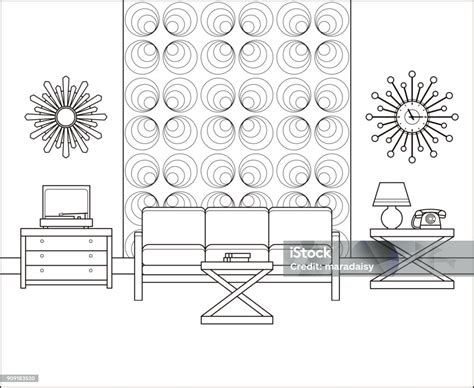 라인 아트에서 빈티지 룸 인테리어입니다 선형 벡터 일러스트입니다 1950 1959 년에 대한 스톡 벡터 아트 및 기타 이미지 1950 1959 년 1960 1969 년