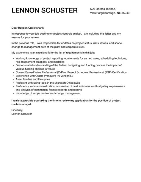 Project Controls Analyst Cover Letter Velvet Jobs