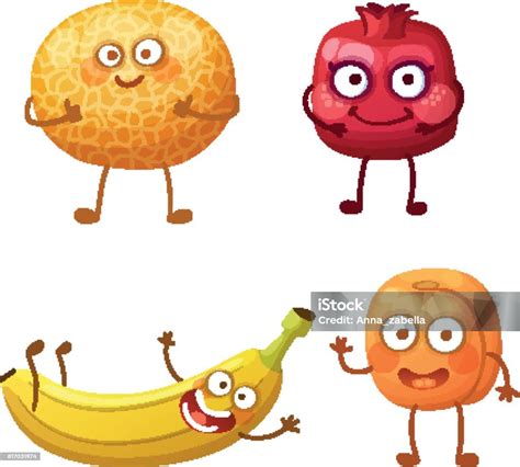 재미 있는 과일 문자 흰색 배경에 고립입니다 쾌활 한 음식 이모티콘입니다 벡터 일러스트 레이 션 만화 멋진 멜론 예쁜 석류