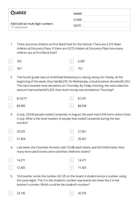 50 Multi Digit Numbers Worksheets For 4th Grade On Quizizz Free