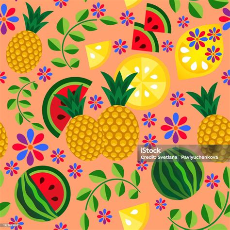 따뜻한 분홍색 배경에 파인애플 수박 레몬 나뭇 가지와 꽃의 원활한 과일 패턴을 식욕을 돋우는 0명에 대한 스톡 벡터 아트 및 기타 이미지 Istock