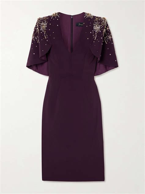 Jenny Packham Cape Effect Embellished Stretch Cady Midi Dress Net A